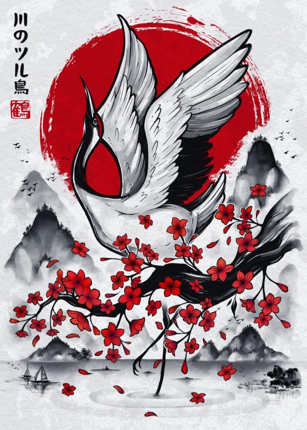 Japanese Crane Ink Wash Poster | Swag Shirts